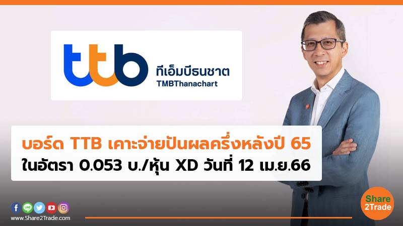 บอร์ด TTB เคาะจ่ายปันผลครึ่งหลังปี 65 ในอัตรา 0.053 บ./หุ้น XD วันที่ 12 เม.ย.66 | Share2Trade